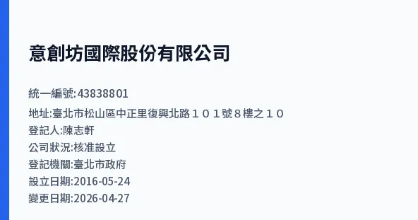 意創坊國際股份有限公司的照片-統編 43838801(臺北市) 公司登記資料與營業項目詳細圖表