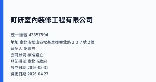 町研室內裝修工程有限公司的照片-統編 43857594(臺北市) 公司登記資料與營業項目詳細圖表