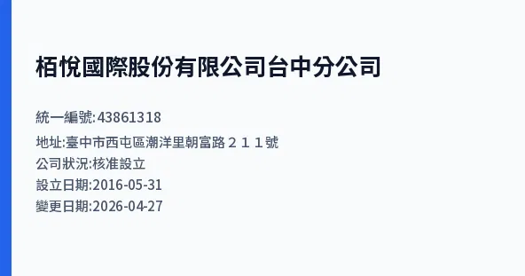 栢悅國際股份有限公司台中分公司的照片-統編 43861318(臺中市) 公司登記資料與營業項目詳細圖表