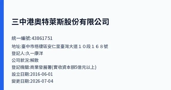 三中港奧特萊斯股份有限公司的照片-統編 43861751(臺中市) 公司登記資料與營業項目詳細圖表
