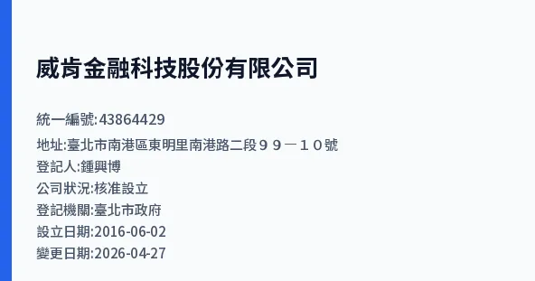 威肯金融科技股份有限公司的照片-統編 43864429(臺北市) 公司登記資料與營業項目詳細圖表