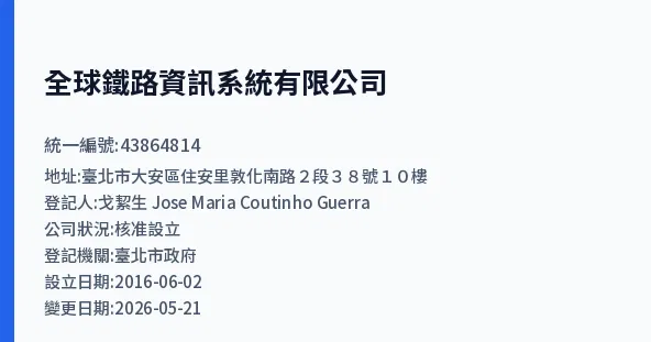 全球鐵路資訊系統有限公司的照片-統編 43864814(臺北市) 公司登記資料與營業項目詳細圖表
