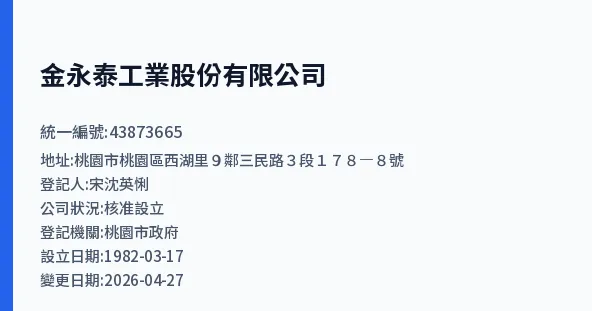 金永泰工業股份有限公司的照片-統編 43873665(桃園市) 公司登記資料與營業項目詳細圖表