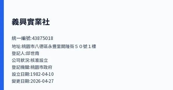 義興實業社的照片-統編 43875018(桃園市) 公司登記資料與營業項目詳細圖表