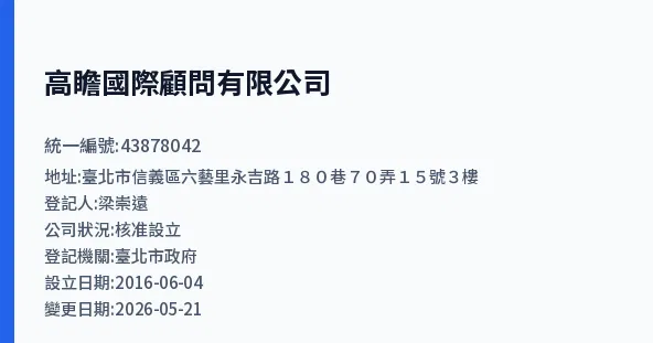 高瞻國際顧問有限公司的照片-統編 43878042(臺北市) 公司登記資料與營業項目詳細圖表