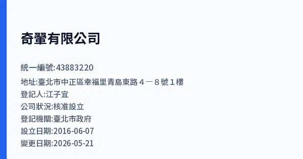 奇翬有限公司的照片-統編 43883220(臺北市) 公司登記資料與營業項目詳細圖表