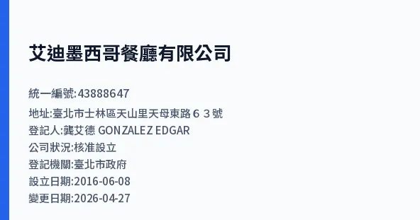 艾迪墨西哥餐廳有限公司的照片-統編 43888647(臺北市) 公司登記資料與營業項目詳細圖表