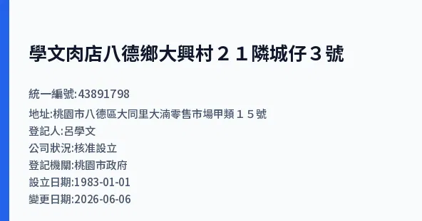 學文肉店八德鄉大興村21隣城仔3號的照片-統編 43891798(桃園市) 公司登記資料與營業項目詳細圖表