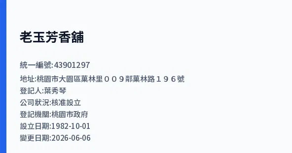 老玉芳香舖的照片-統編 43901297(桃園市) 公司登記資料與營業項目詳細圖表