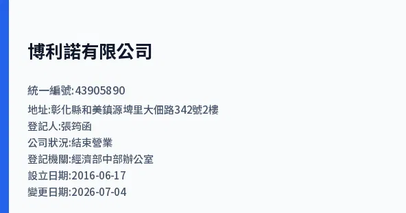 博利諾有限公司的照片-統編 43905890(彰化縣) 公司登記資料與營業項目詳細圖表