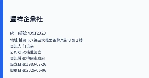 豐祥企業社的照片-統編 43912323(桃園市) 公司登記資料與營業項目詳細圖表