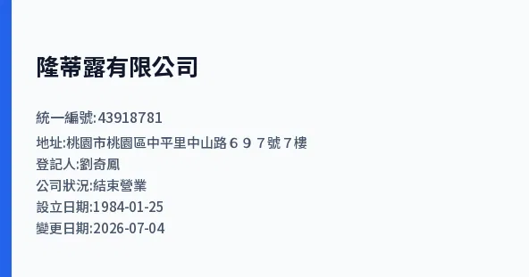 隆蒂露有限公司的照片-統編 43918781(桃園市) 公司登記資料與營業項目詳細圖表