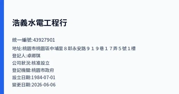 浩義水電工程行的照片-統編 43927901(桃園市) 公司登記資料與營業項目詳細圖表