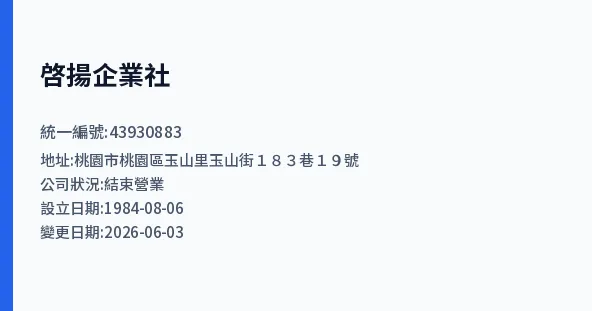 啓揚企業社的照片-統編 43930883(桃園市) 公司登記資料與營業項目詳細圖表