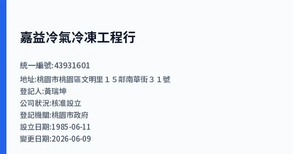 嘉益冷氣冷凍工程行的照片-統編 43931601(桃園市) 公司登記資料與營業項目詳細圖表