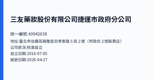 三友藥妝股份有限公司捷運市政府分公司的照片-統編 43942038(臺北市) 公司登記資料與營業項目詳細圖表