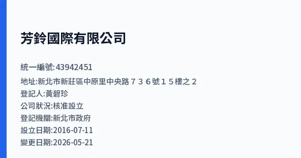 芳鈴國際有限公司的照片-統編 43942451(新北市) 公司登記資料與營業項目詳細圖表