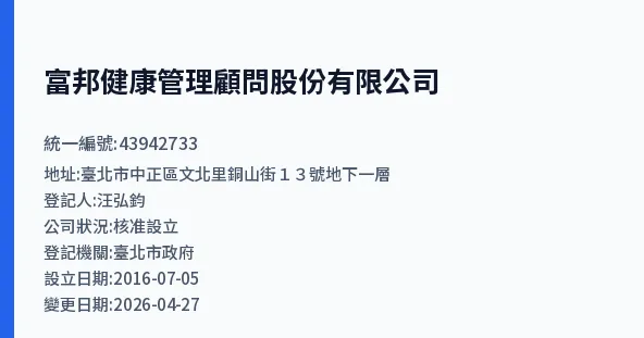 富邦健康管理顧問股份有限公司的照片-統編 43942733(臺北市) 公司登記資料與營業項目詳細圖表