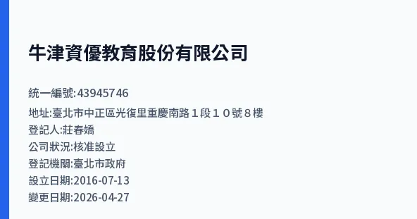 牛津資優教育股份有限公司的照片-統編 43945746(臺北市) 公司登記資料與營業項目詳細圖表
