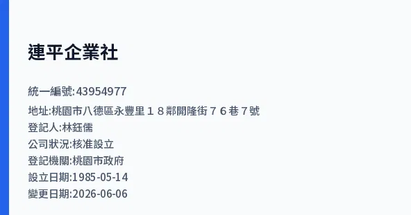 連平企業社的照片-統編 43954977(桃園市) 公司登記資料與營業項目詳細圖表