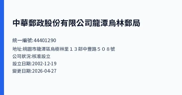 中華郵政股份有限公司龍潭烏林郵局的照片-統編 44401290(桃園市) 公司登記資料與營業項目詳細圖表