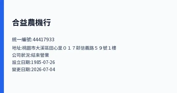 合益農機行的照片-統編 44417933(桃園市) 公司登記資料與營業項目詳細圖表