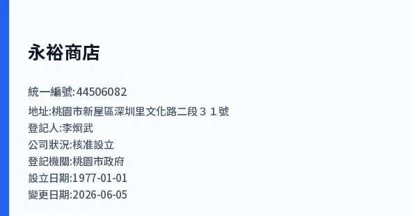 永裕商店的照片-統編 44506082(桃園市) 公司登記資料與營業項目詳細圖表