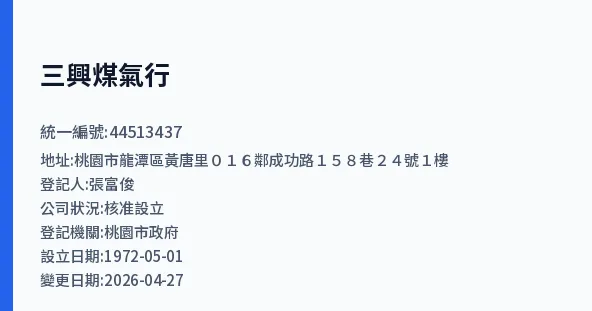 三興煤氣行的照片-統編 44513437(桃園市) 公司登記資料與營業項目詳細圖表