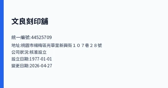 文良刻印舖的照片-統編 44525709(桃園市) 公司登記資料與營業項目詳細圖表