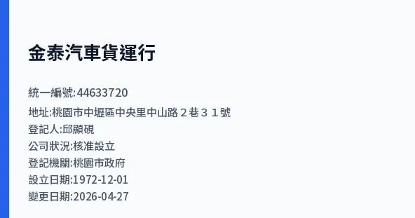 金泰汽車貨運行的照片-統編 44633720(桃園市) 公司登記資料與營業項目詳細圖表