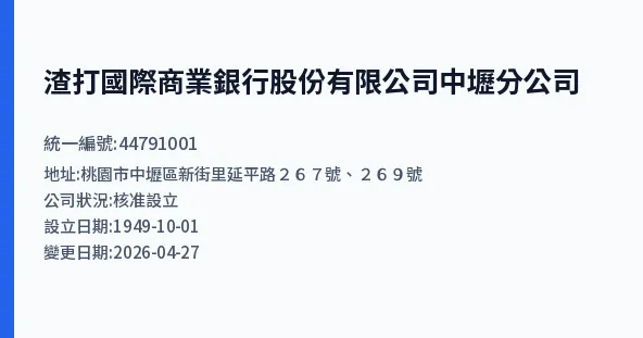 渣打國際商業銀行股份有限公司中壢分公司的照片-統編 44791001(桃園市) 公司登記資料與營業項目詳細圖表