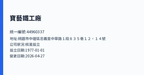 寶藝鐵工廠的照片-統編 44960337(桃園市) 公司登記資料與營業項目詳細圖表
