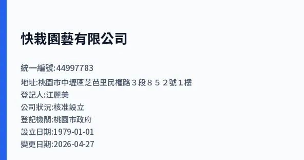 快栽園藝有限公司的照片-統編 44997783(桃園市) 公司登記資料與營業項目詳細圖表