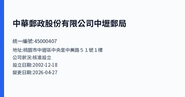中華郵政股份有限公司中壢郵局的照片-統編 45000407(桃園市) 公司登記資料與營業項目詳細圖表
