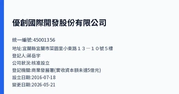 優創國際開發股份有限公司的照片-統編 45001356(宜蘭縣) 公司登記資料與營業項目詳細圖表
