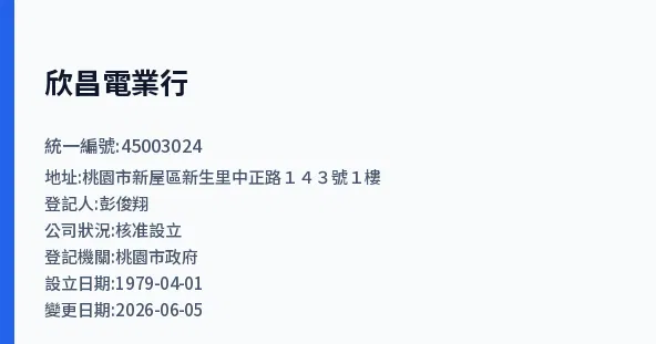 欣昌電業行的照片-統編 45003024(桃園市) 公司登記資料與營業項目詳細圖表