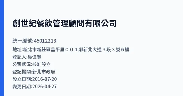 創世紀餐飲管理顧問有限公司的照片-統編 45012213(新北市) 公司登記資料與營業項目詳細圖表