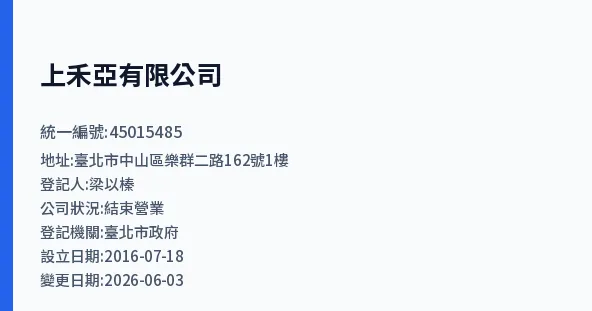 上禾亞有限公司的照片-統編 45015485(臺北市) 公司登記資料與營業項目詳細圖表
