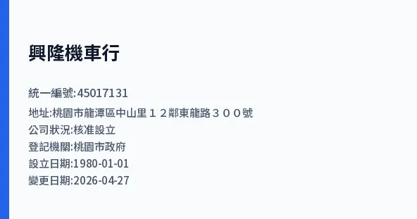 興隆機車行的照片-統編 45017131(桃園市) 公司登記資料與營業項目詳細圖表