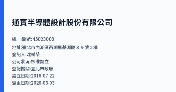 通寶半導體設計股份有限公司的照片-統編 45023008(臺北市) 公司登記資料與營業項目詳細圖表