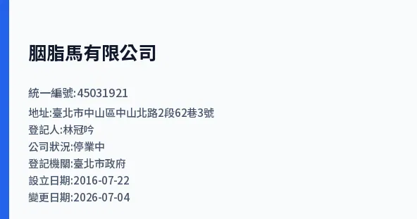 胭脂馬有限公司的照片-統編 45031921(臺北市) 公司登記資料與營業項目詳細圖表