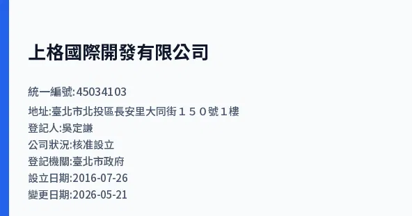 上格國際開發有限公司的照片-統編 45034103(臺北市) 公司登記資料與營業項目詳細圖表