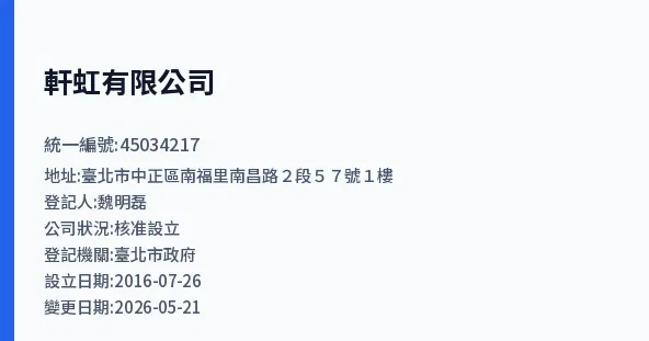 軒虹有限公司的照片-統編 45034217(臺北市) 公司登記資料與營業項目詳細圖表