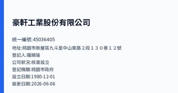 豪軒工業股份有限公司的照片-統編 45036405(桃園市) 公司登記資料與營業項目詳細圖表