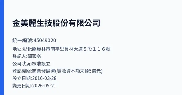 金美麗生技股份有限公司的照片-統編 45049020(彰化縣) 公司登記資料與營業項目詳細圖表