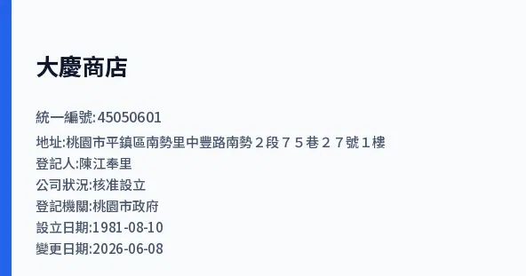 大慶商店的照片-統編 45050601(桃園市) 公司登記資料與營業項目詳細圖表