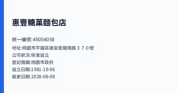 惠豐糖菓麵包店的照片-統編 45054058(桃園市) 公司登記資料與營業項目詳細圖表