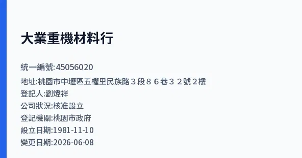 大業重機材料行的照片-統編 45056020(桃園市) 公司登記資料與營業項目詳細圖表
