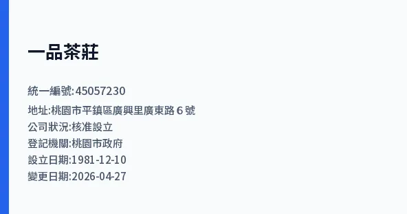 一品茶莊的照片-統編 45057230(桃園市) 公司登記資料與營業項目詳細圖表