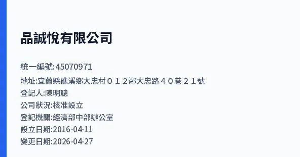 品誠悅有限公司的照片-統編 45070971(宜蘭縣) 公司登記資料與營業項目詳細圖表